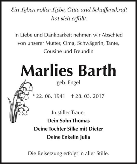 Traueranzeigen Von Marlies Barth Geb Engel Abschied Nehmen De