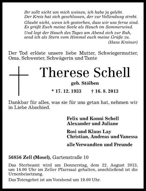 Traueranzeigen Von Therese Schell Rz Trauerde