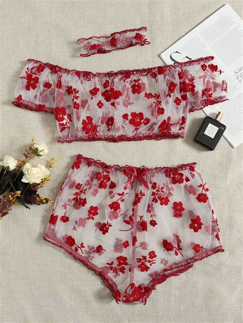 Burgundy Romantic Mesh Floral Sexy Sets Embellished Slight Stretch