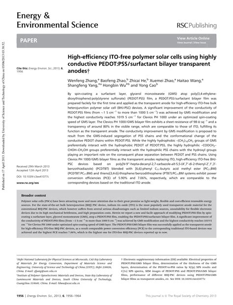 Pdf High Efficiency Ito Free Polymer Solar Cells Using Highly