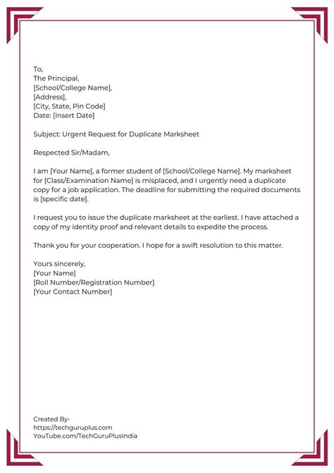 Application For Duplicate Marksheet In Schoolcollege 5 Format