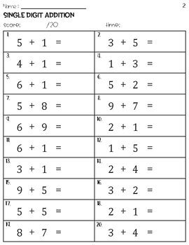 Horizontal Single Digit Addition Worksheets By Owl Babe Studio