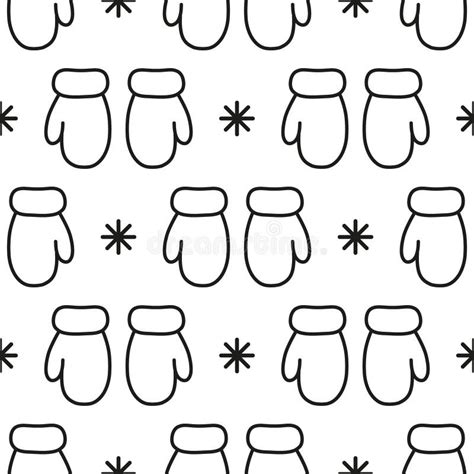 Cute Mittens And Snowflakes Black Outlines On White Background