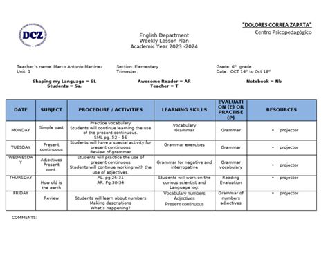Planning Format 6th Grad Elementary Oct 14 To Oct 18 Pdf Cognition