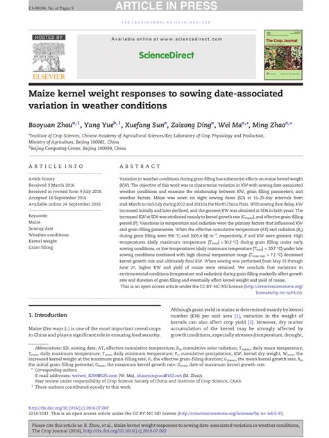 Pdf Maize Kernel Weight Responses To Sowing Date Associated Variation In Weather Conditions