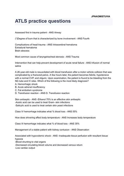 Atls Pre Test Completed 2023 Questions With Answers Answers Outlined Atls Stuvia Us