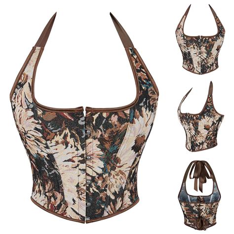 Abomasnow Corset Tops For Women Vintage Flower Embroidery Halter Neck Boned Overbust Bodyshaper
