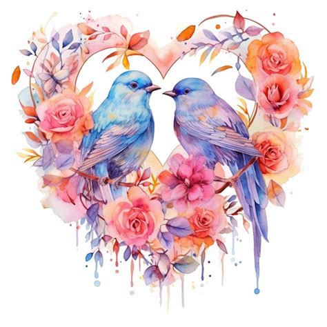 Premium Photo Two Birds In A Heart Shaped Frame With Flowers