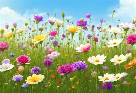 Premium Photo A Field Of Flowers With A Blue Sky In The Background