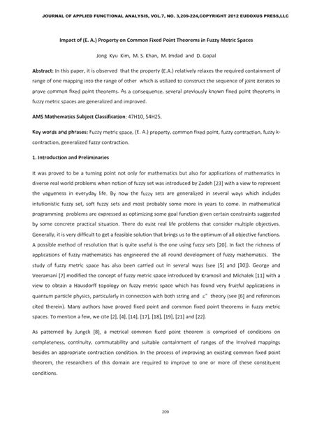 Pdf Impact Of E A Property On Common Fixed Point Theorems In Fuzzy Metric Spaces