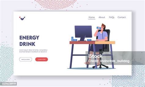 에너지 드링크 랜딩 페이지 템플릿 남자 게이머 캐릭터 재생 비디오 게임 에 헤드폰 마시는 에너지 음료 Brand Name Video Game에 대한 스톡 벡터 아트 및 기타