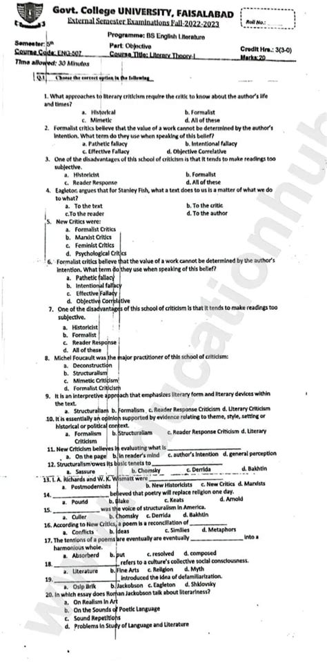 Eng 507 Literary Theory I Bs English Gcuf Past Paper 2023 Education Hub