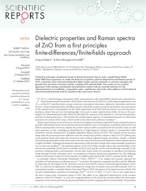 Pdf Dielectric Properties And Raman Spectra Of Zno From A First Principles Finite Differences