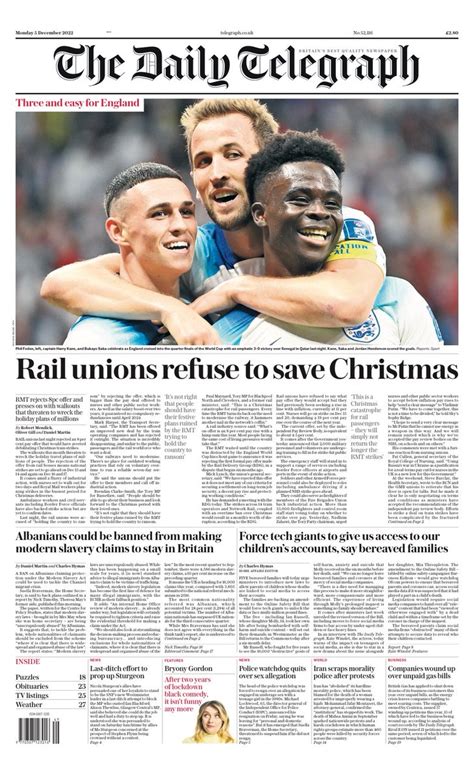 Daily Telegraph Front Page 5th Of December 2022 Tomorrows Papers Today