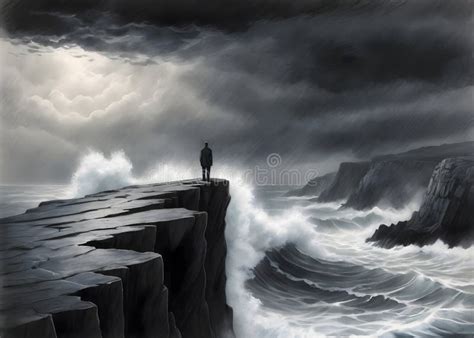 Lonely Sad Alone Pencil Drawing Skatch Cliffside Show A Lone Figure