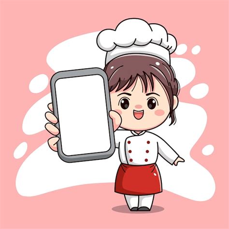 Premium Vector Cute Chef Girl Character With Showing Smartphone
