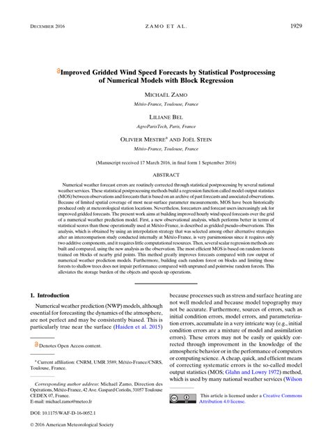 Pdf Improved Gridded Wind Speed Forecasts By Statistical Postprocessing Of Numerical Models