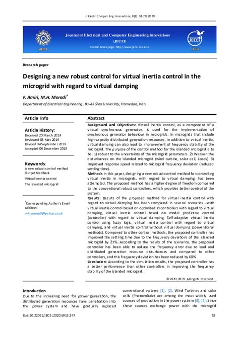 Pdf Designing A New Robust Control For Virtual Inertia Control In The Microgrid With Regard To