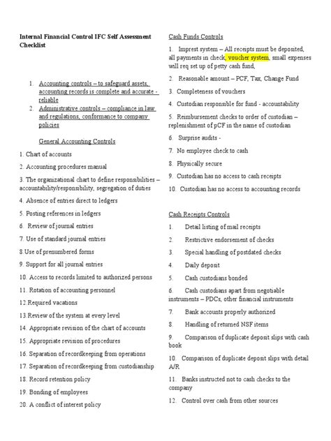 Internal Financial Control Ifc Self Assessment Checklist Pdf Cheque