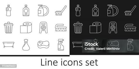 세제 액체가 담긴 스프레이 병 청소용 브러시 식기 세척 및 접시 화장지 롤 쓰레기통 젖은 바닥 진행 및 손 소독제 아이콘을 설정합니다 벡터 가정 생활에 대한 스톡 벡터 아트