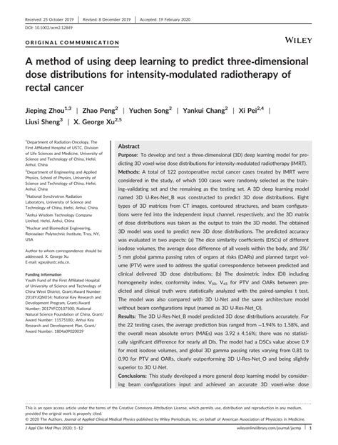 Pdf A Method Of Using Deep Learning To Predict Three‐dimensional Dose
