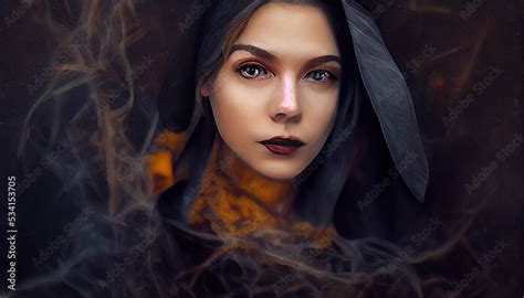 Halloween Sexy Witch Portrait Beautiful Woman In Witches Hat Ai