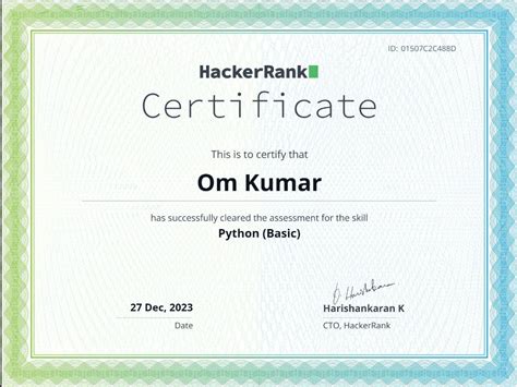 I Earned Python Basic Certification From Hackerrank Om Kumar
