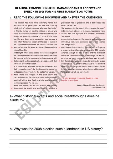 Obamaï¿½s Accetance Speech Reading Comprehension Esl Worksheet By Iamaya