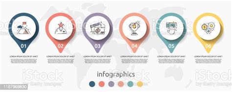 6 개의 레이블 다이어그램 그래프 프리젠 테이션에 대한 벡터 인포 그래픽 플랫 템플릿 원 6 가지 옵션과 화살표가있는 비즈니스 개념 콘텐츠 순서도 단계 타임 라인 워크플로