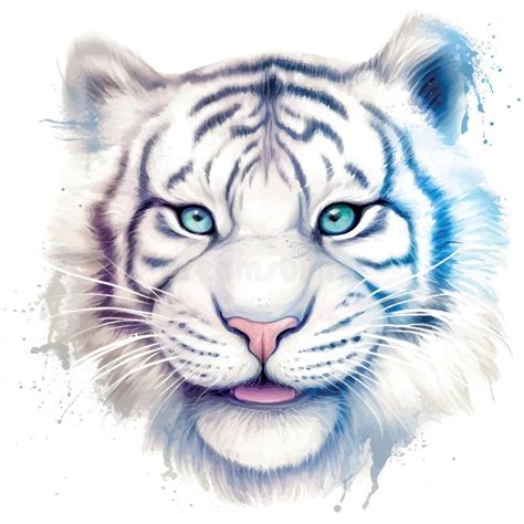 Drawn And Colored Of Cute White Tiger Portrait On White Background