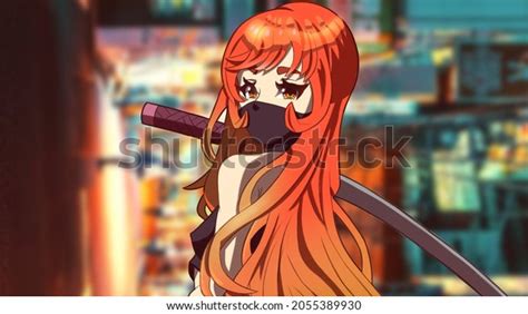 Sexy anime manga chica con una katana en la mano parada patéticamente tiene el pelo de fuego