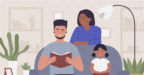 가족 벡터 삽화를 위해 책을 읽는 아버지 만화 아빠 엄마와 여자 아이는 아늑한 소파에 앉아 이야기하고 동화책이나 동화를