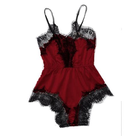 Sexy Rose Red Satin Lace Trim Spaghetti Strap Pajamas Teddy Bodysuit