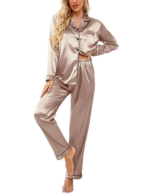 Dakimoe Sleepwear Womens Silky Satin Pajamas Set Long Sleeve Nightwear Loungewear Champagne
