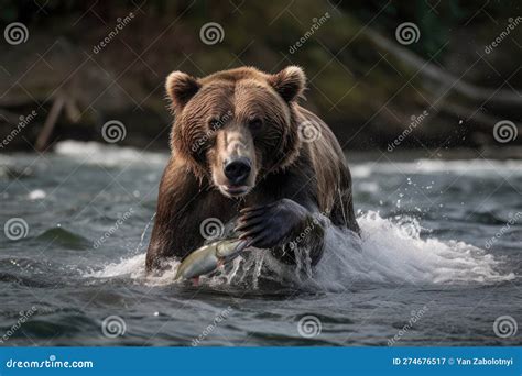 Grizzly Bear Catching Salmon In A Rushing River Generative Ai Stock