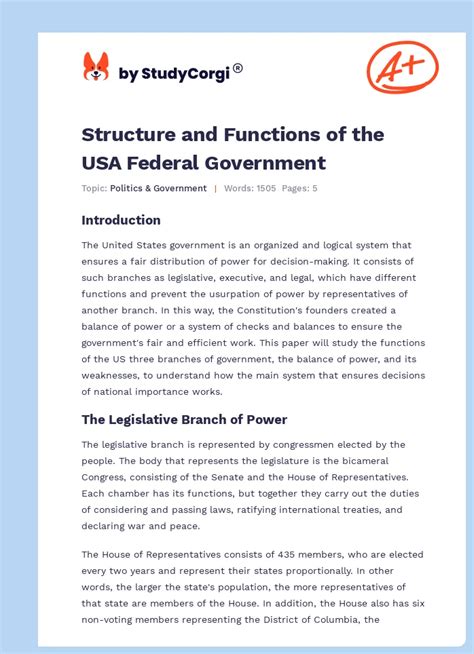 Structure And Functions Of The Usa Federal Government Free Essay Example