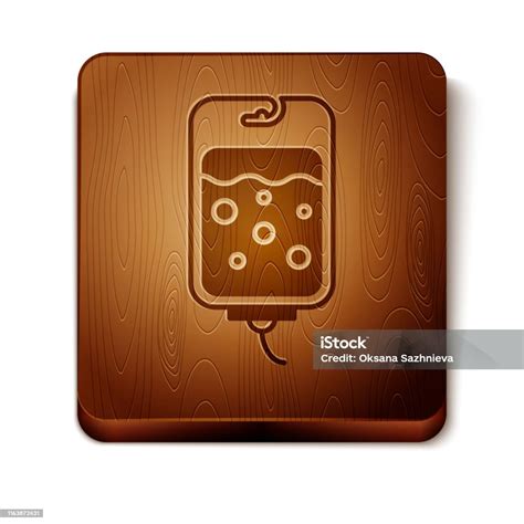 흰색 배경에 격리 된 갈색 Iv 가방 아이콘입니다 혈액 가방 아이콘입니다 혈액 개념을 기증하십시오 치료 와 치료 화학 요법의 개념 나무 사각형 버튼입니다 벡터 일러스트레이션