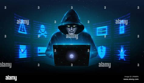Hacker Cyber Criminal With Laptop And Related Icons Behind It Cyber