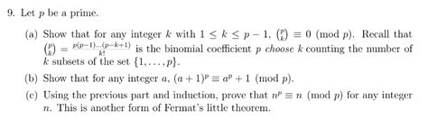 Solved 9 Let P Be A Prime A Show That For Any Integer K