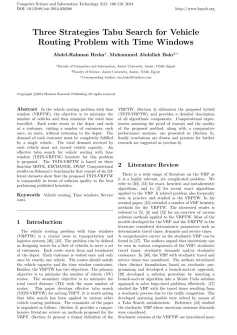 Pdf Three Strategies Tabu Search For Vehicle Routing Problem With Time Windows