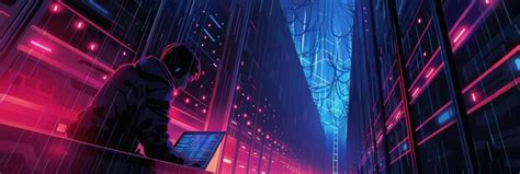 A Skilled Hacker Types On A Laptop In A Neonlit Data Center Surrounded