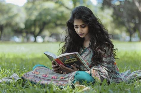 A Woman Sitting In The Grass Reading A Book Premium Ai Generated Image