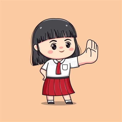 Indonesian Student Elementary School With Stop Sign Cute Kawaii Girl