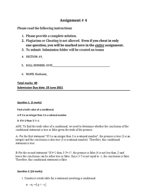 Analyzing Conditional Statements And Constructing Truth Tables An Assignment On Propositional