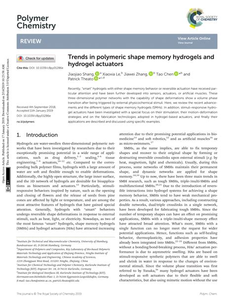 Pdf Trends In Polymeric Shape Memory Hydrogels And Hydrogel Actuators