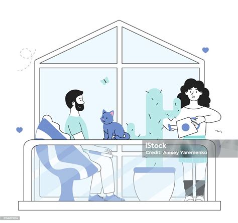 발코니에서 자유 시간 고양이를 무릎에 앉히고 있는 남자 선인장에 물을 주는 여자 야외에서 휴식을 취하십시오 함께 시간을 보내는