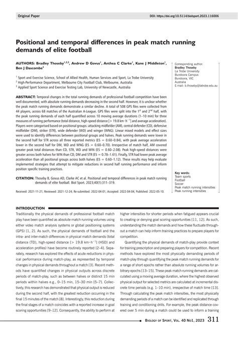 Pdf Positional And Temporal Differences In Peak Match Running Demands