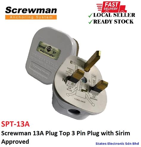 Screwman 13a Plug Top 3 Pin Plug With Sirim Approved Spt 13a Shopee