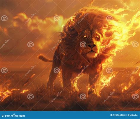 Sunforged Lion Mane Ablaze With Solar Flames Prowling A Savanna Of