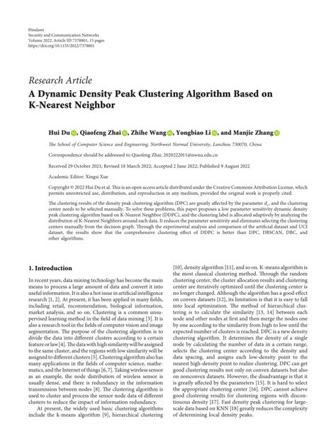 Pdf A Dynamic Density Peak Clustering Algorithm Based On K Nearest